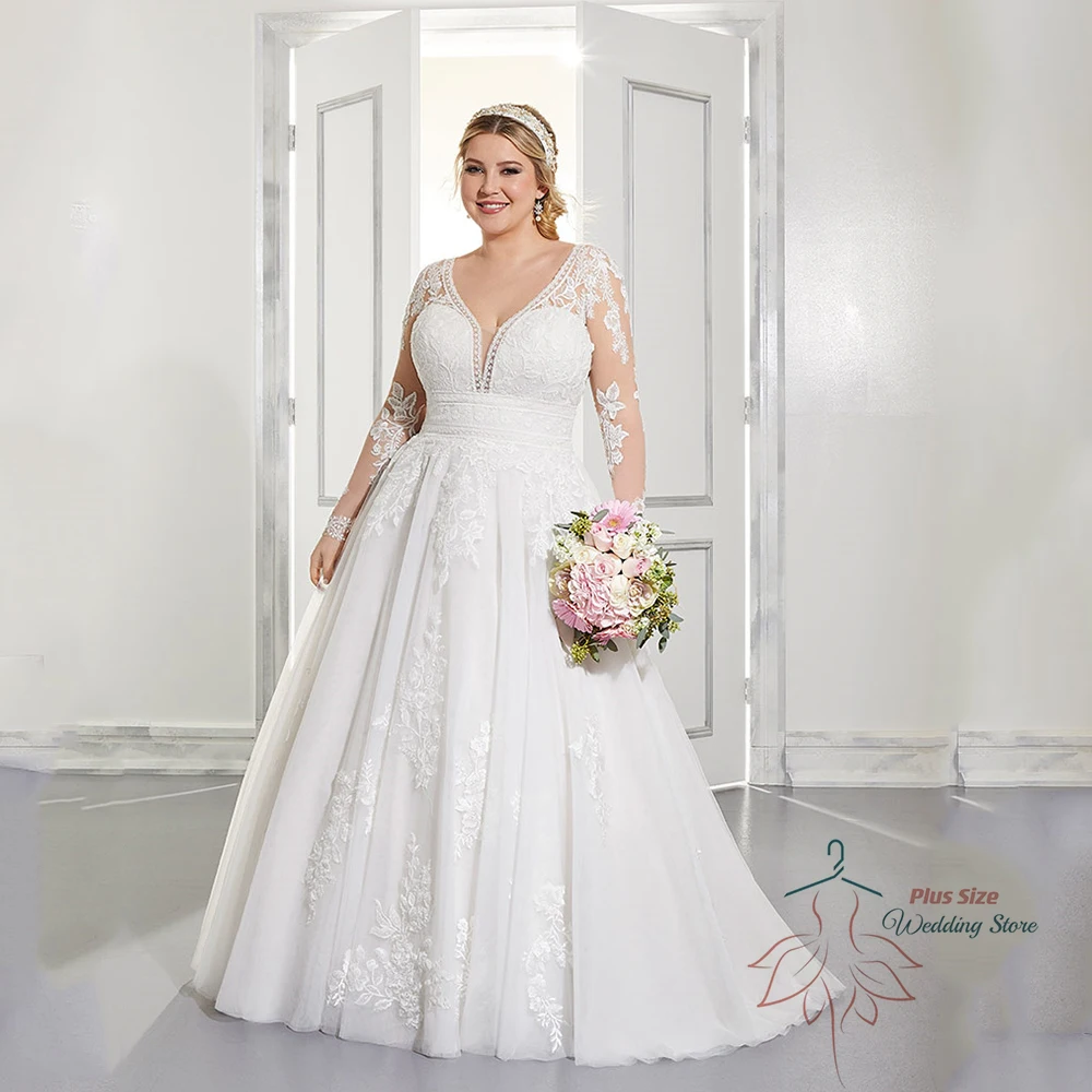 Exquisite-Wedding-Dresses-Plus-Size-V-Neck-Long-Sleeves-Empire-Bride ...