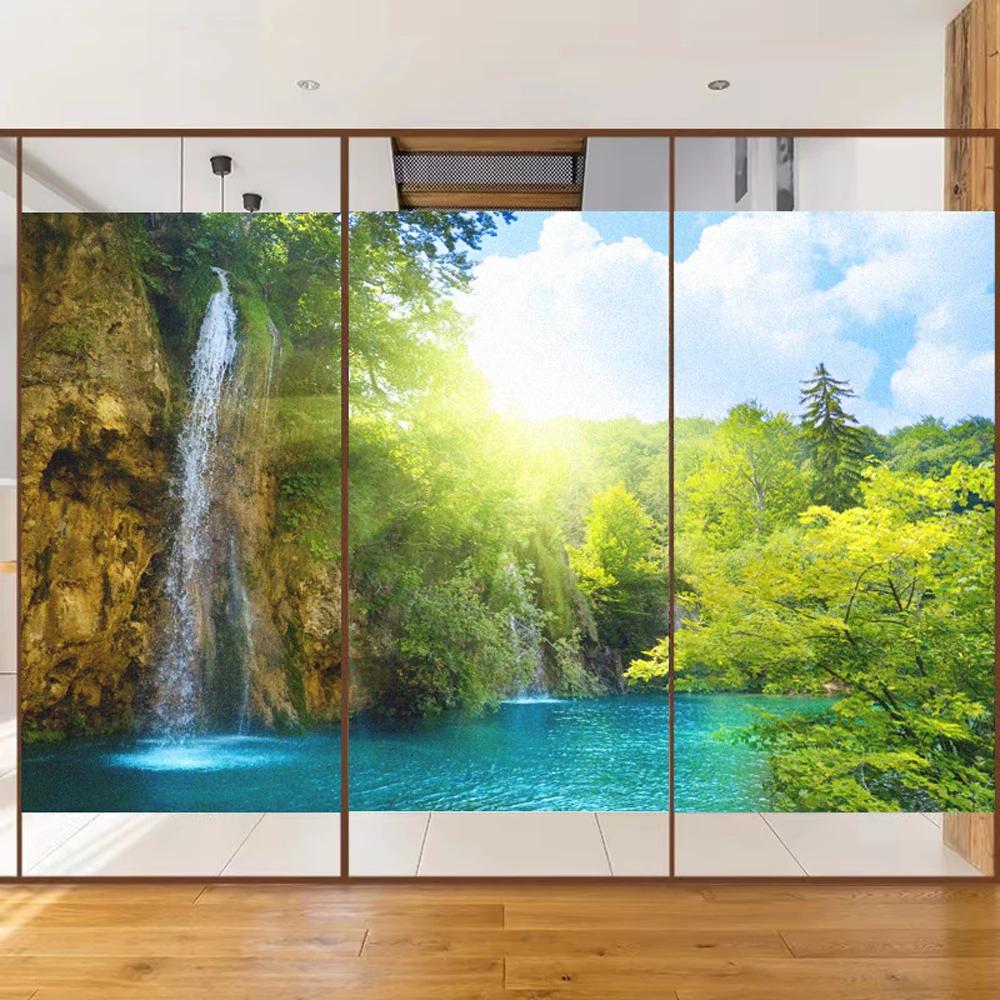 Jungle-Waterfall-Pattern-Glass-Window-Privacy-Film-Frosted-Sun-Blocking ...