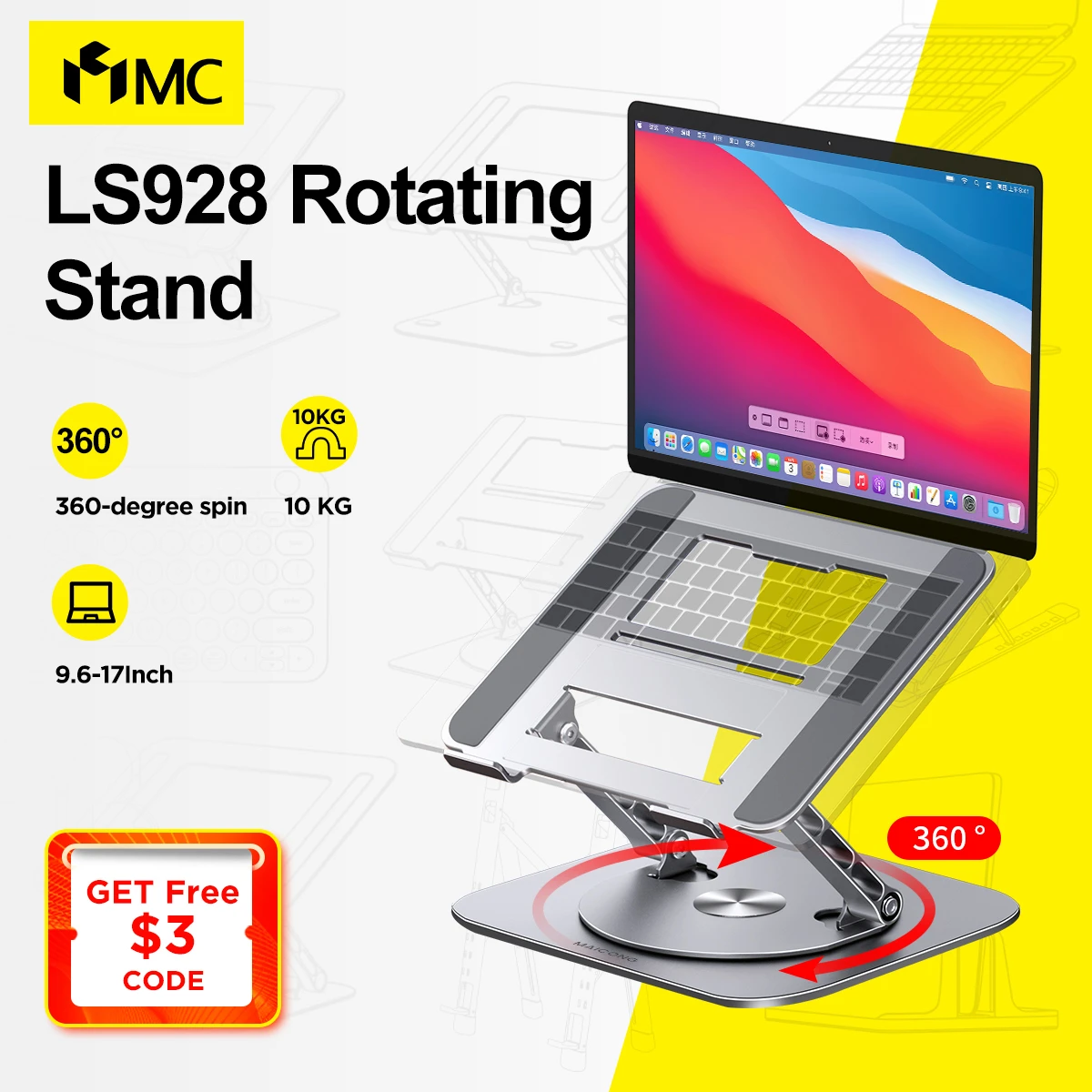 Mc Ls928 Laptop Stand 360° Rotatable Notebook Holder Liftable Aluminum ...