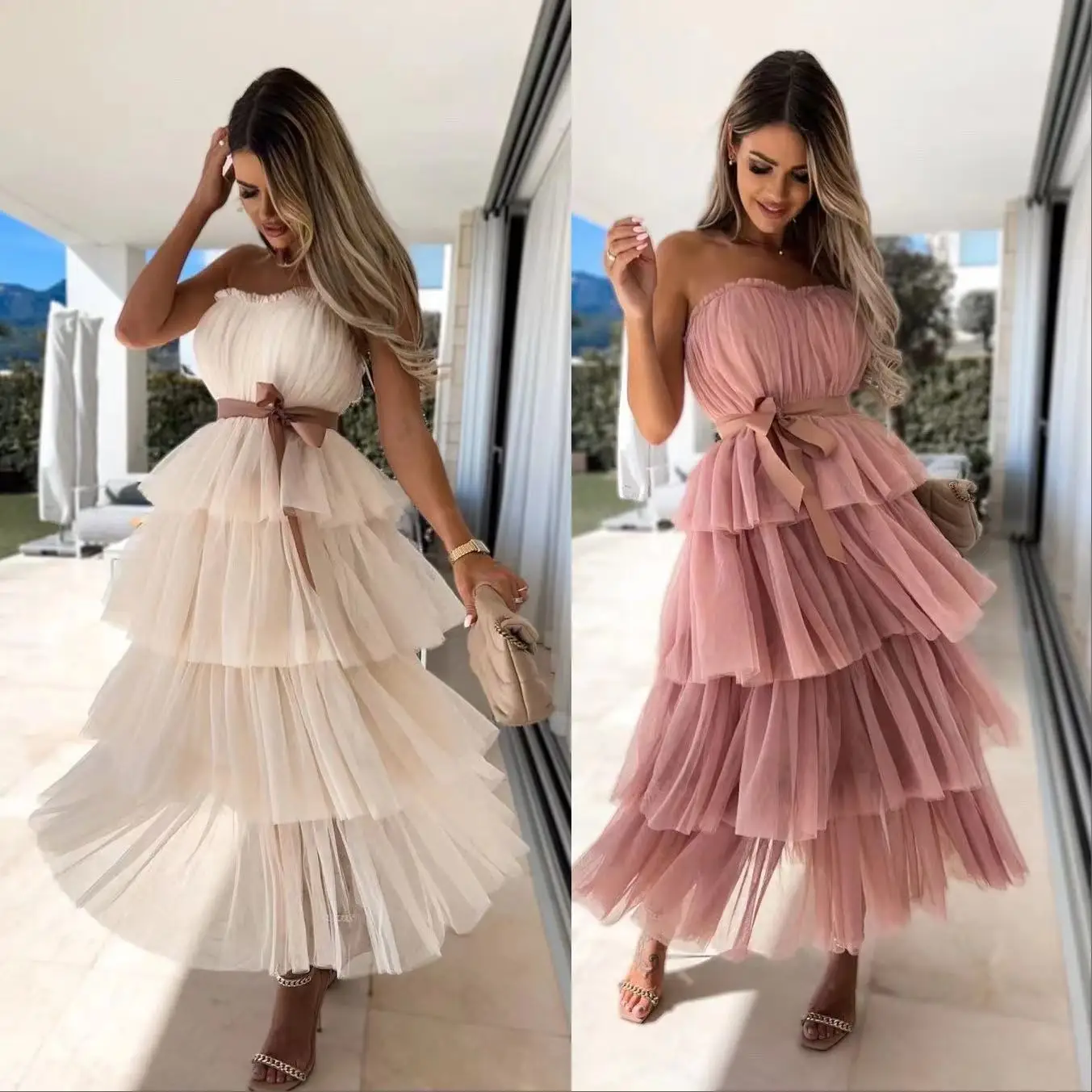 Sexy Women's Prom Dresses Lace up Mesh Wrapped Chest Cake Layered Skirt ...