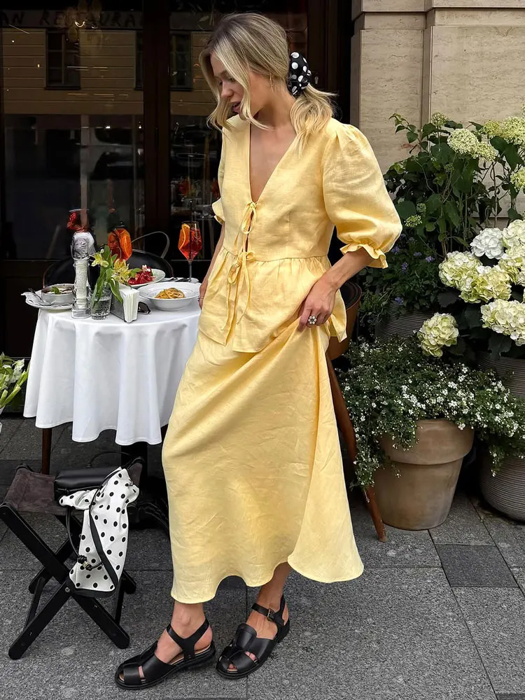 Tossy Summer Ruffled 2 Piece-Set Maxi Skirt For Women V-Neck Lace-Up ...