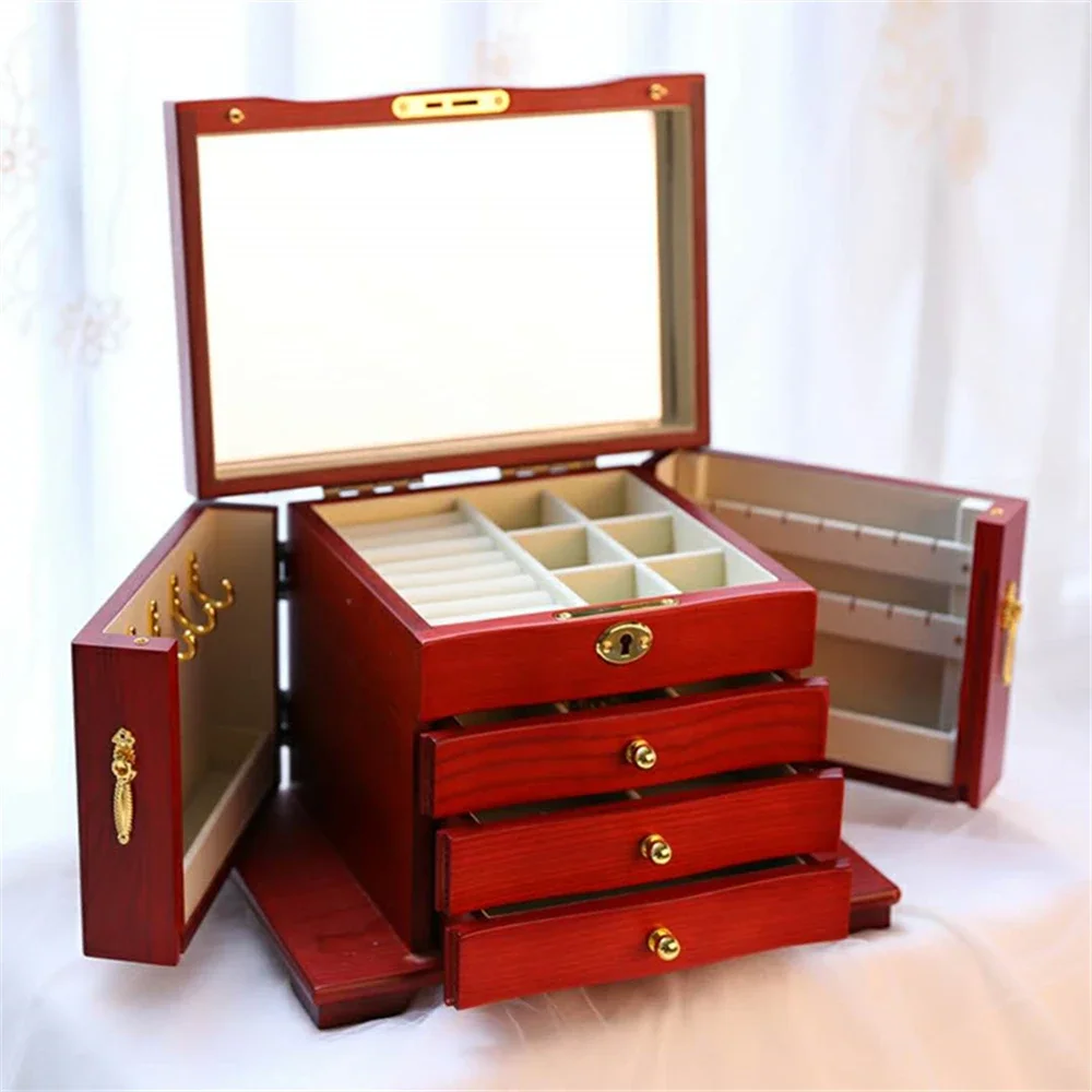 YB-New-Red-Wooden-Jewelry-Box-Large-Lockable-Bracelet-Earrings-Necklace ...