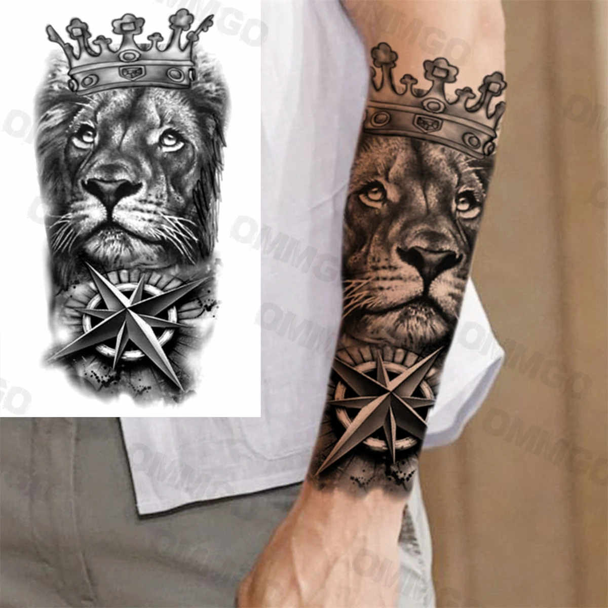 Realistic-Lion-Compass-Crown-Temporary-Tattoos-For-Men-Adult-Crown ...