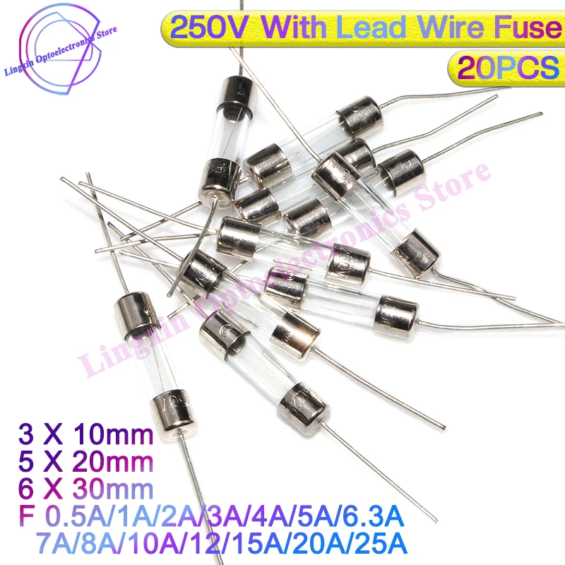 20PCS 3*10 6*30 5*20mm Axial Glass Fuse Fast Blow 250V With Lead Wire F 1A/2A/3A/3.15A/4A/5A/6 ...