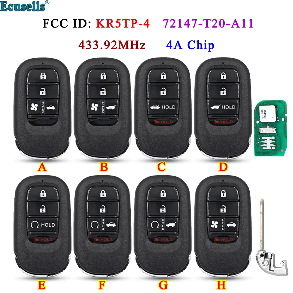 Ecusells-Smart-Key-Remote-Fob-433-92MHz-4A-Chip-For-Honda-Accord-Civic ...
