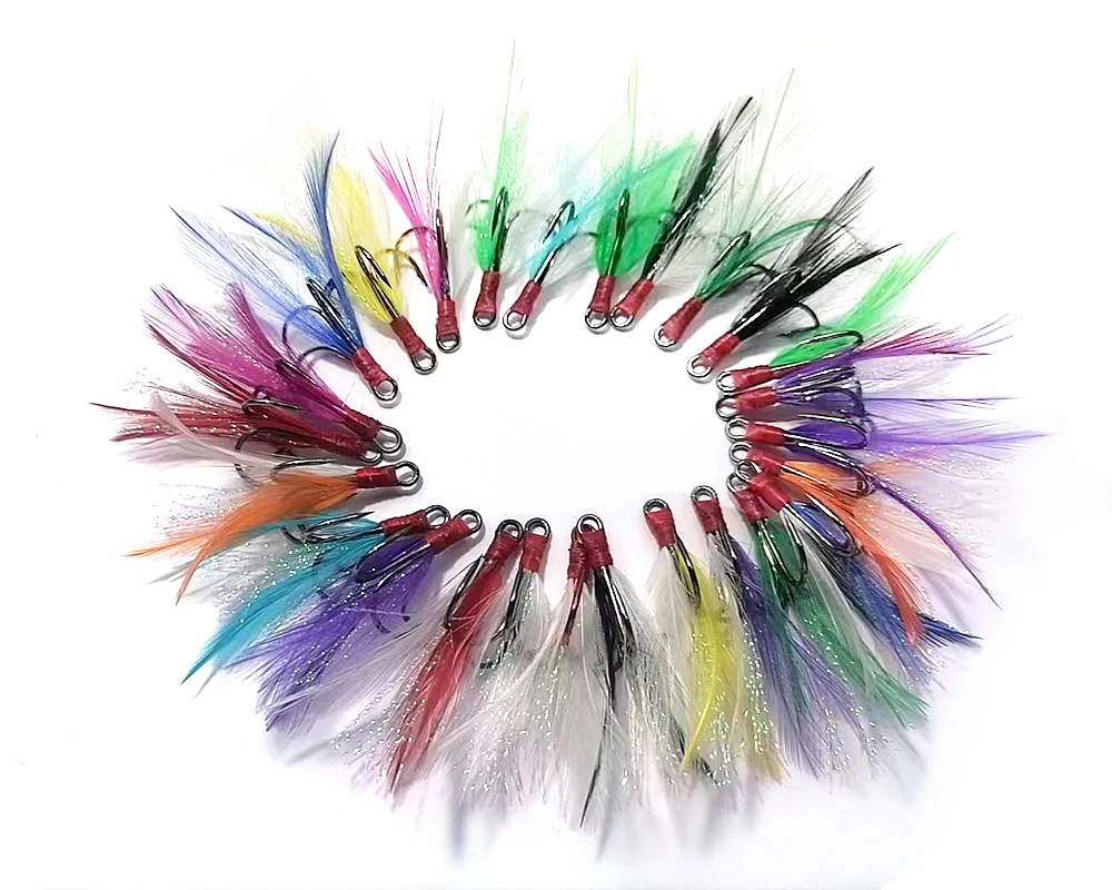 Lot-25pcs-Treble-Fishing-Hook-With-Feather-For-Minnow-Fly-Fishing-Lures ...