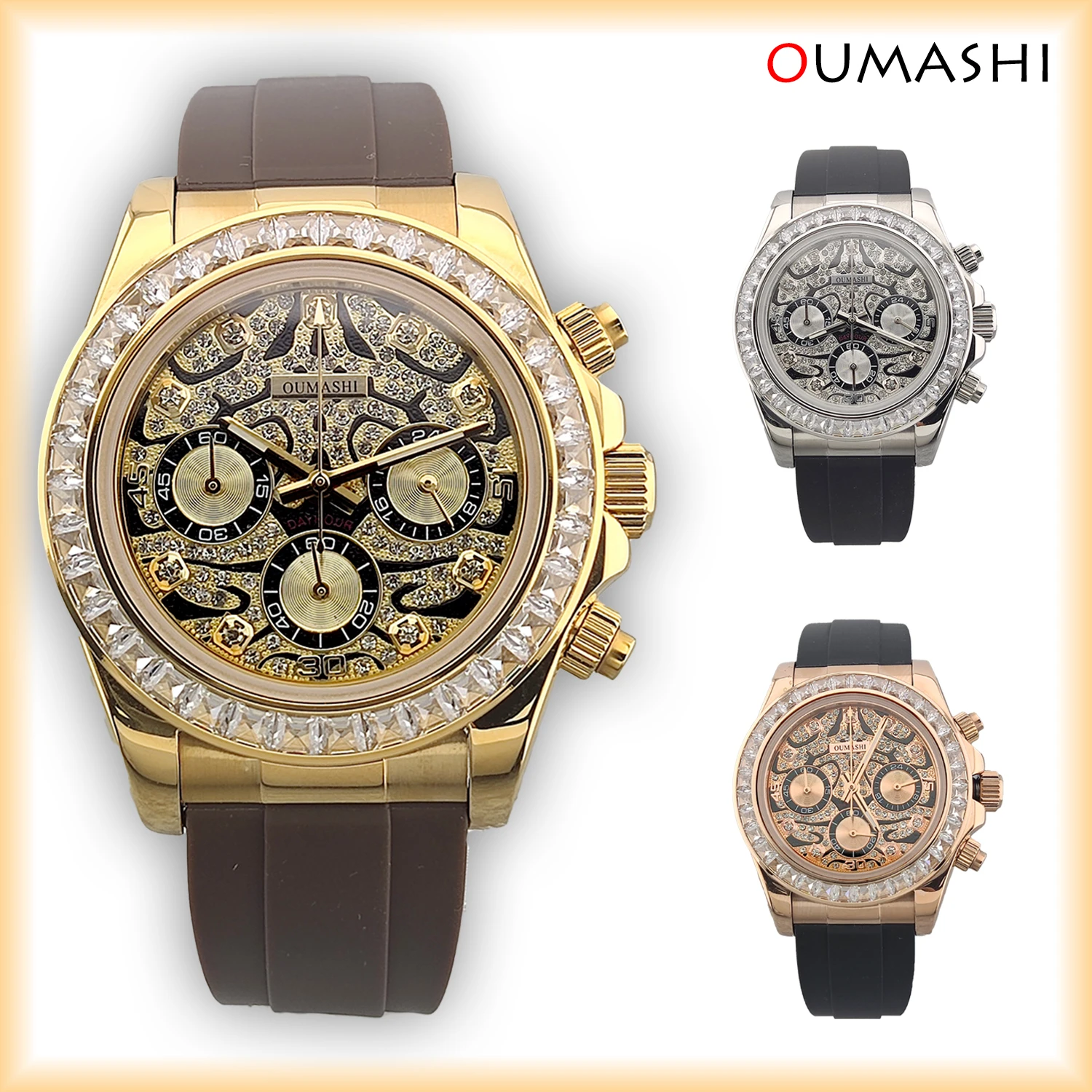 39.5mm Luxury Men's Watches VK63 watch Tiger face Full Diamond dial ...