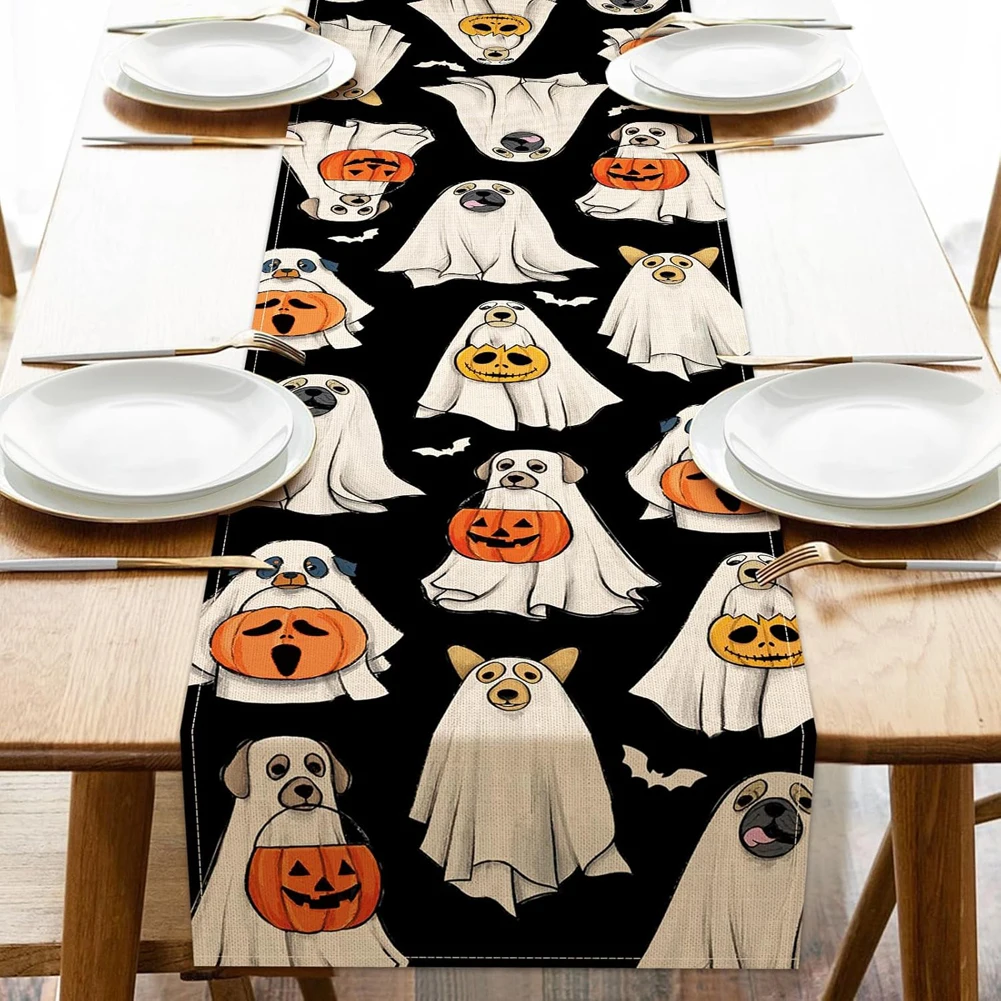 Halloween-Spooky-Ghost-Table-Runner-Dog-Pumpkin-Table-Runner-Teia-De ...