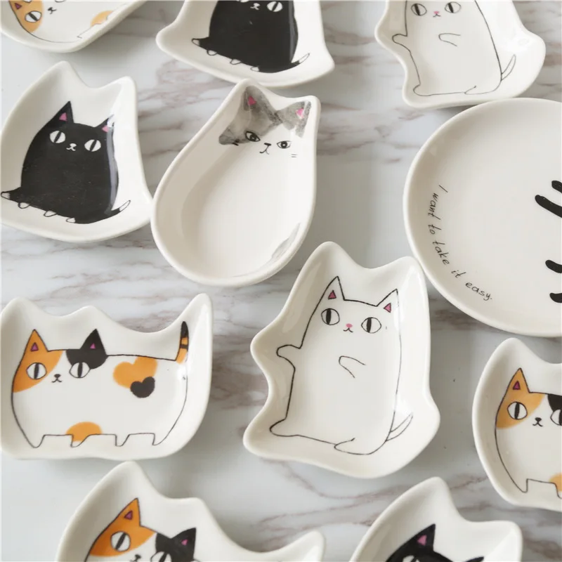 Japanese Ceramic Cat Sauce Dish Kitten Shaped Seasoning Plate Kitchen ...
