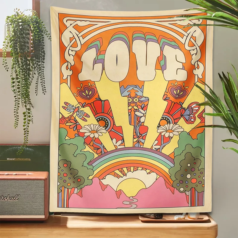 70s Retro Tapestry Vintage Love Sun Rainbow Wall Art Printed Plant ...