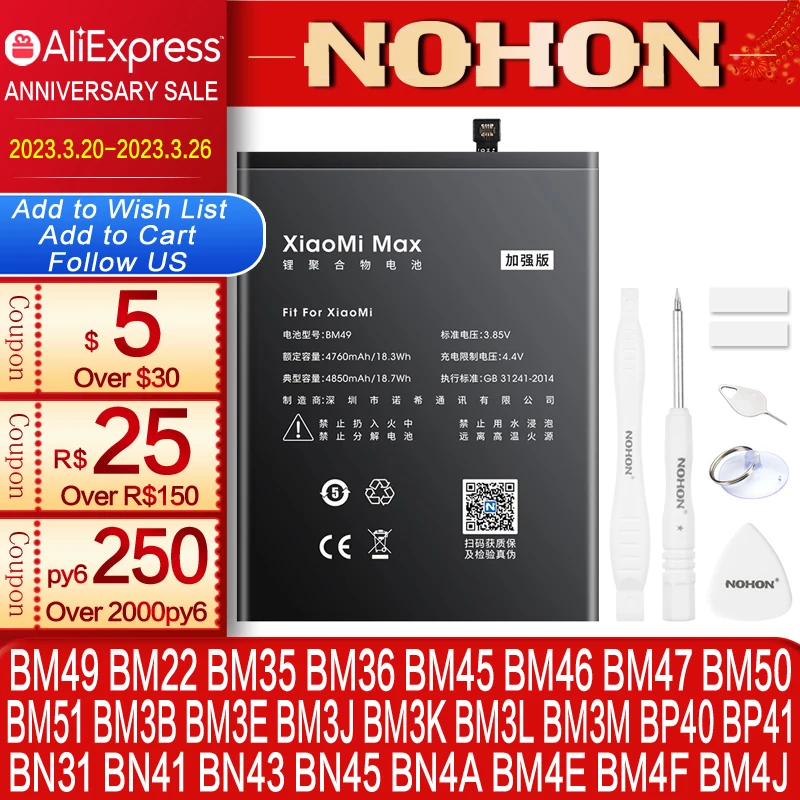 NOHON Batería Para Xiaomi Mi Max 2 3 Mix 2S 8 Lite Pro 9 SE 9T POCOPHONE F1 4C 5S 5X BM49 BN57 ...