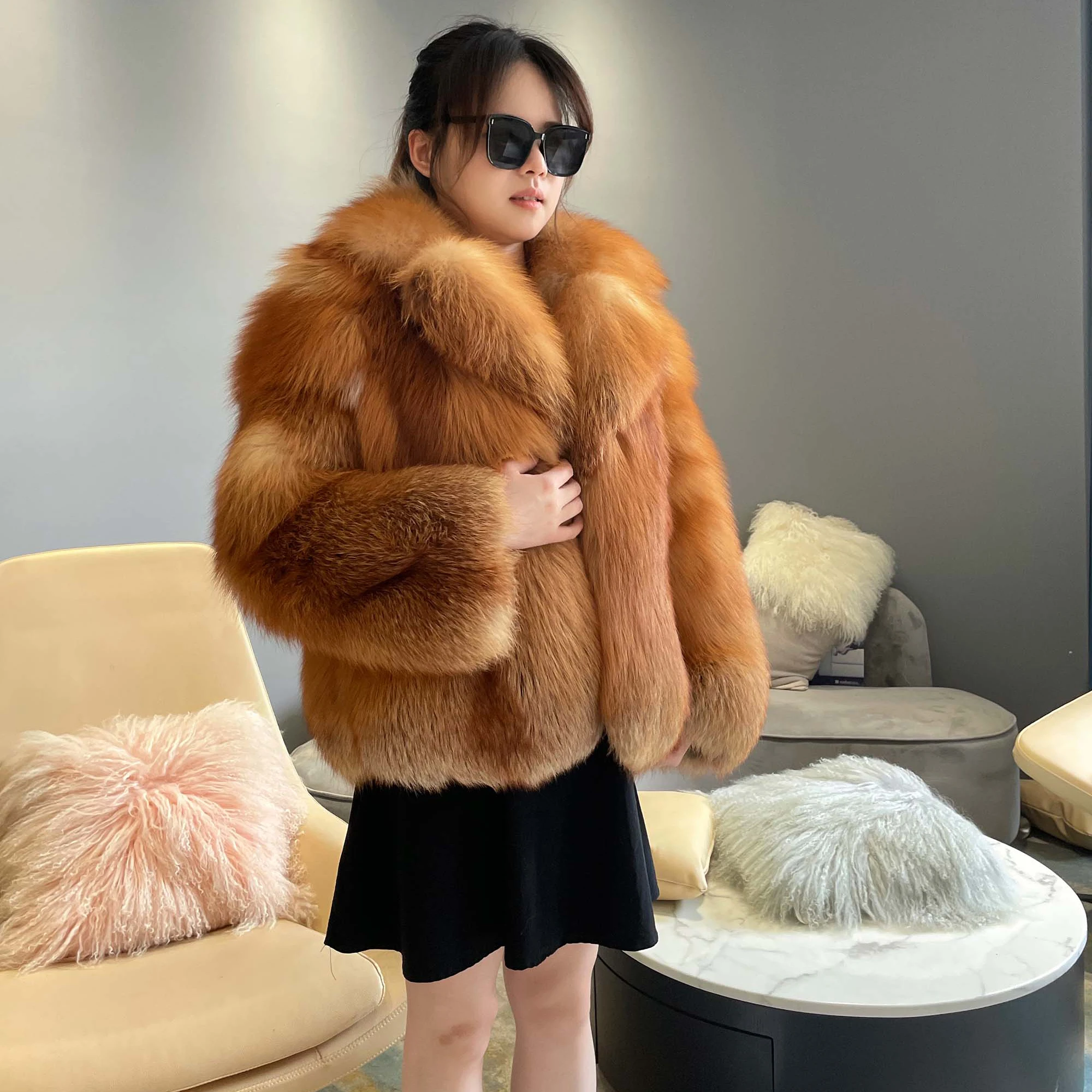 Handmade 100% Real Red Fox Fur Coat Fashion Elegant Big Fur Collar ...