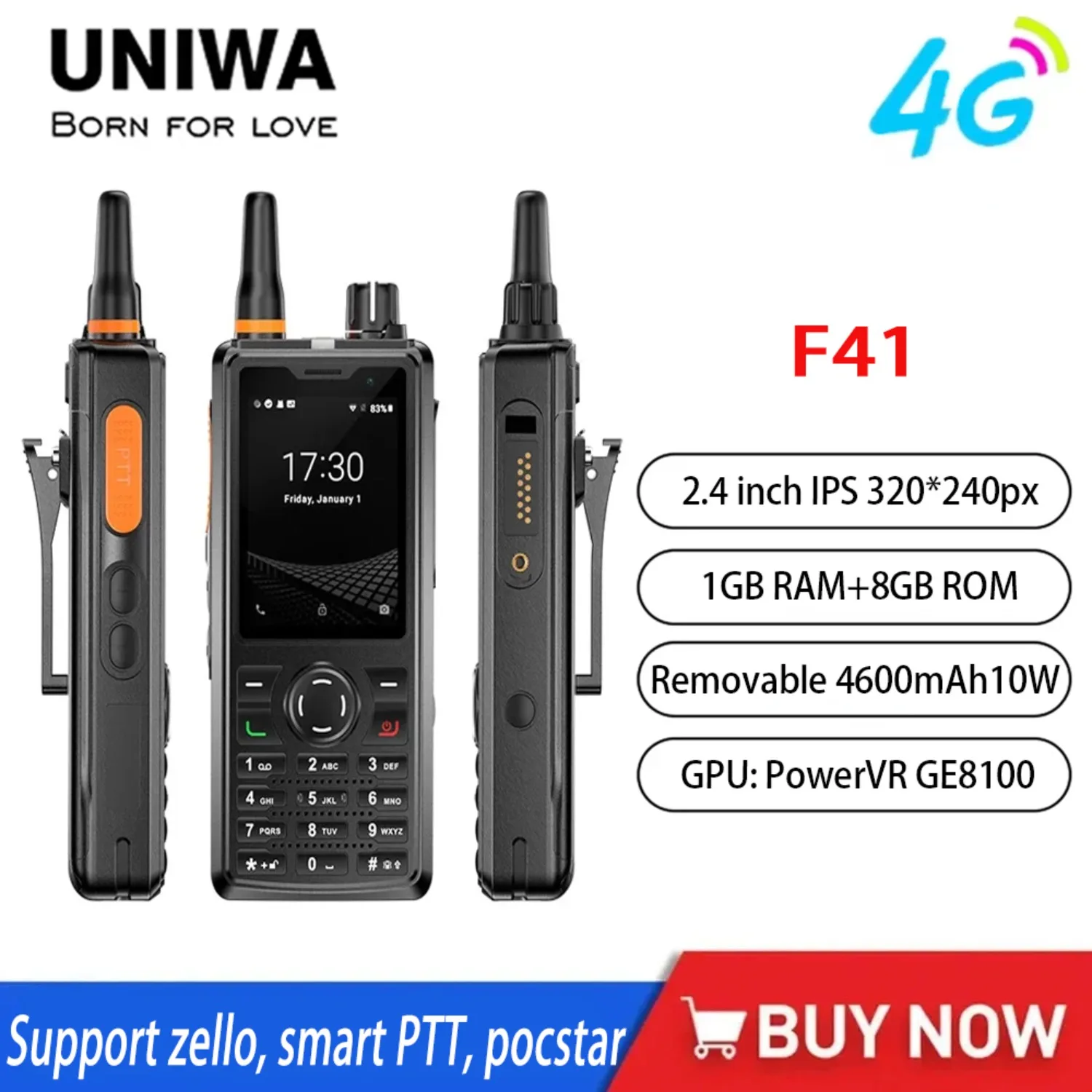 UNIWA F41 4G POC Rugged Walkie Talkie Zello Phone 2.4" IPS Touch BT ...