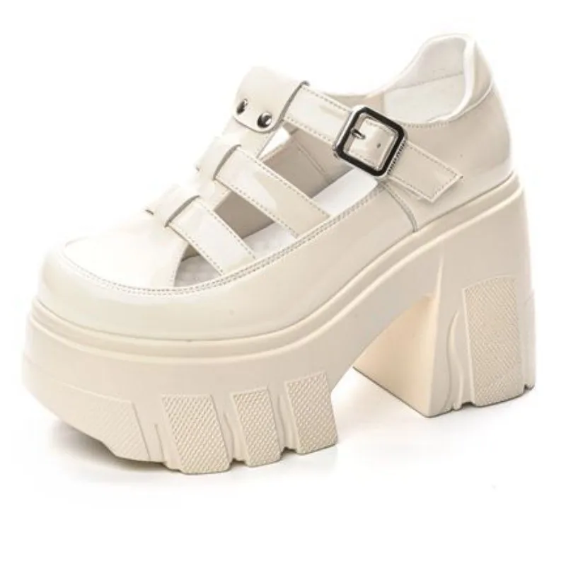 11cm Patent Genuine Leather Breathable Ankle Boots Chunky Heels Mary ...