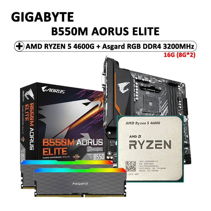 GIGABYTE B550M AORUS ELITE Motherboard + AMD R5 4600G CPU + Asgard W2 ...