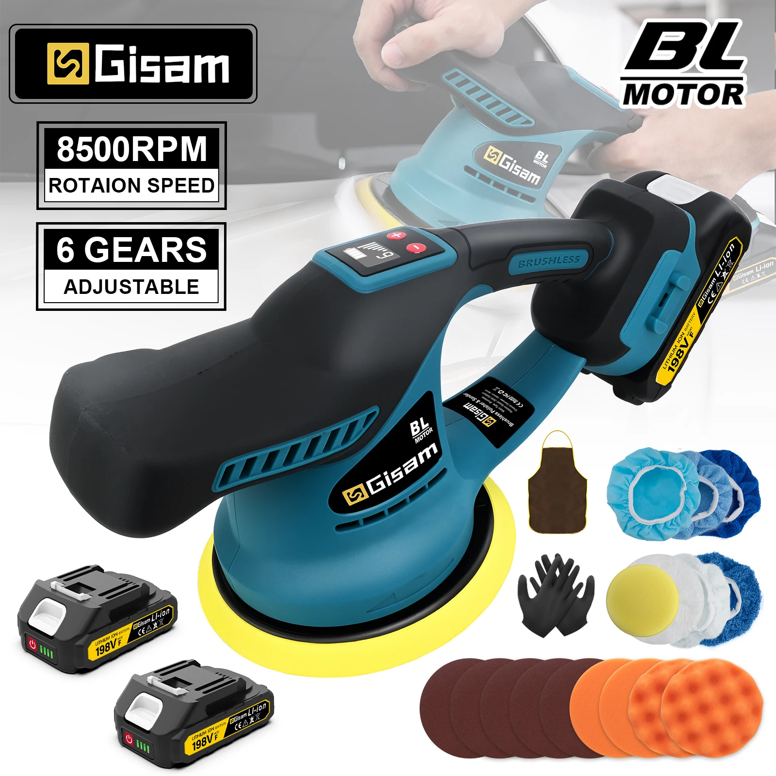 Gisam Brushless Car Polisher 6 Gear Cordless Electric Polisher Auto Car ...