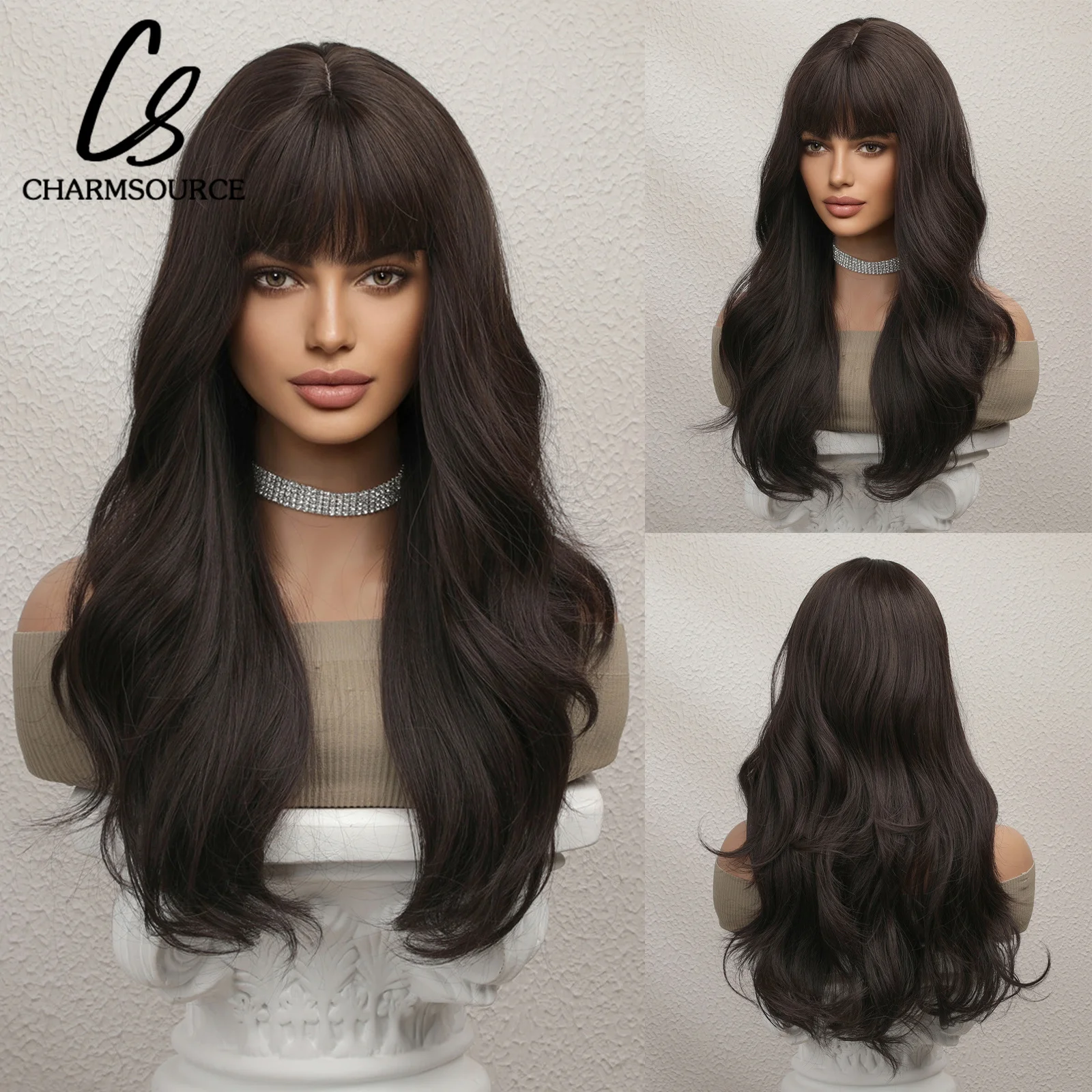CharmSource-Dark-Brown-Long-Wavy-Synthetic-Wigs-with-Bangs-for-Women ...