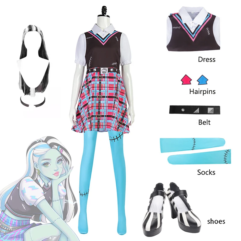 Monster Franky Stein Cosplay Dress Girl Costume Wig Outfit Halloween ...