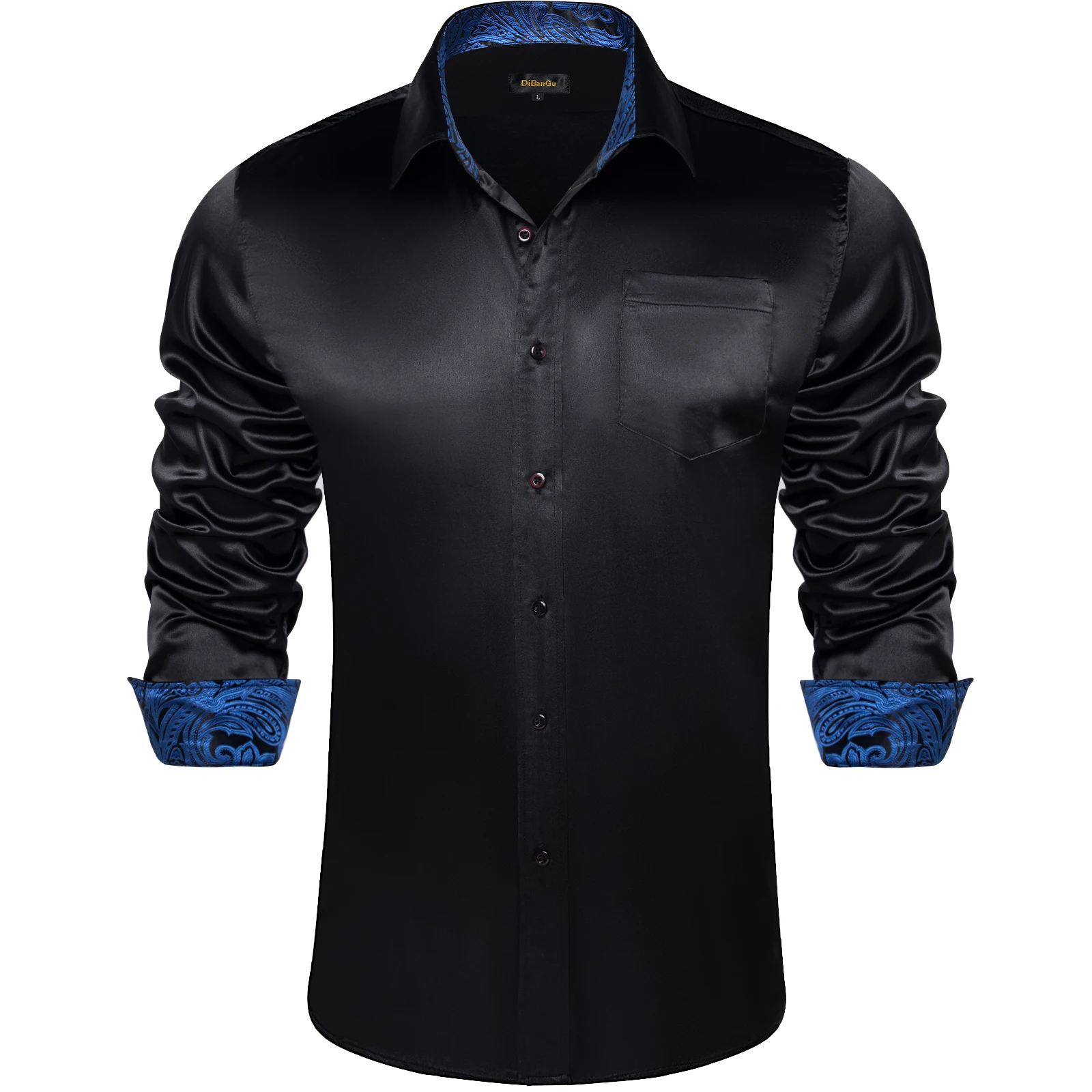 Satin Solid Black Men's Shirt with Blue Paisley Patchwork Collar Cuff ...