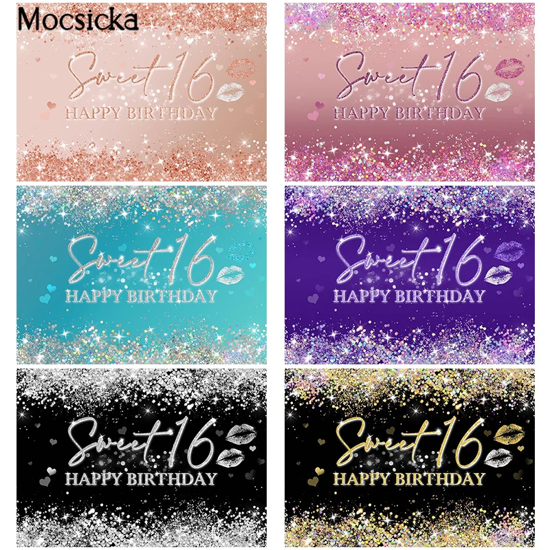 Mocsicka Pink Silver Gliiter 16 Birthday Backdrop Women Girls Sweet 16