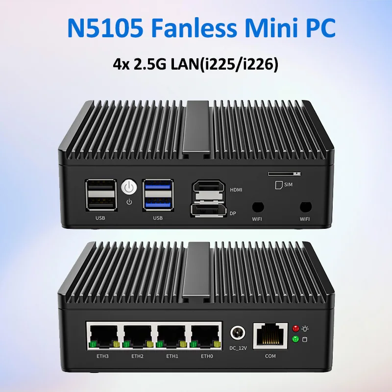 Soft Router Fanless Mini PC, Intel Celeron N5105, 4x Intel i225, i226 ...