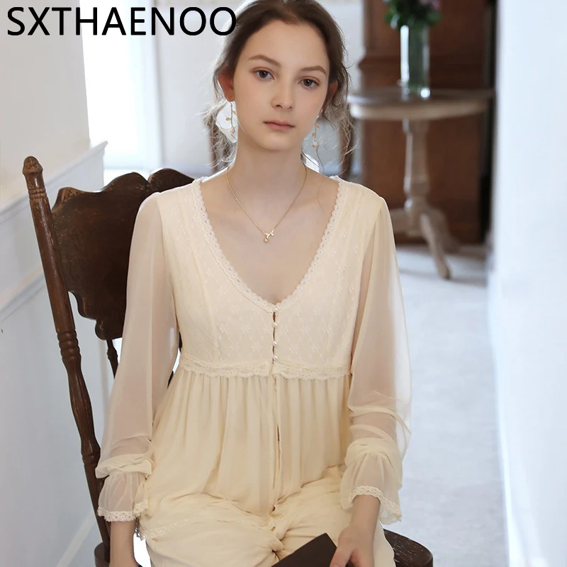 SXTHAENOO-New-Spring-Pajamas-Mesh-Loose-Two-piece-Set-Women-Long ...