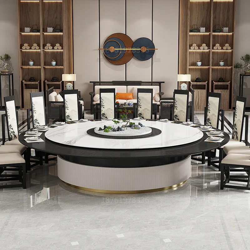 Hotel-electric-dining-table-big-round-table-black-and-white-rock-slab ...