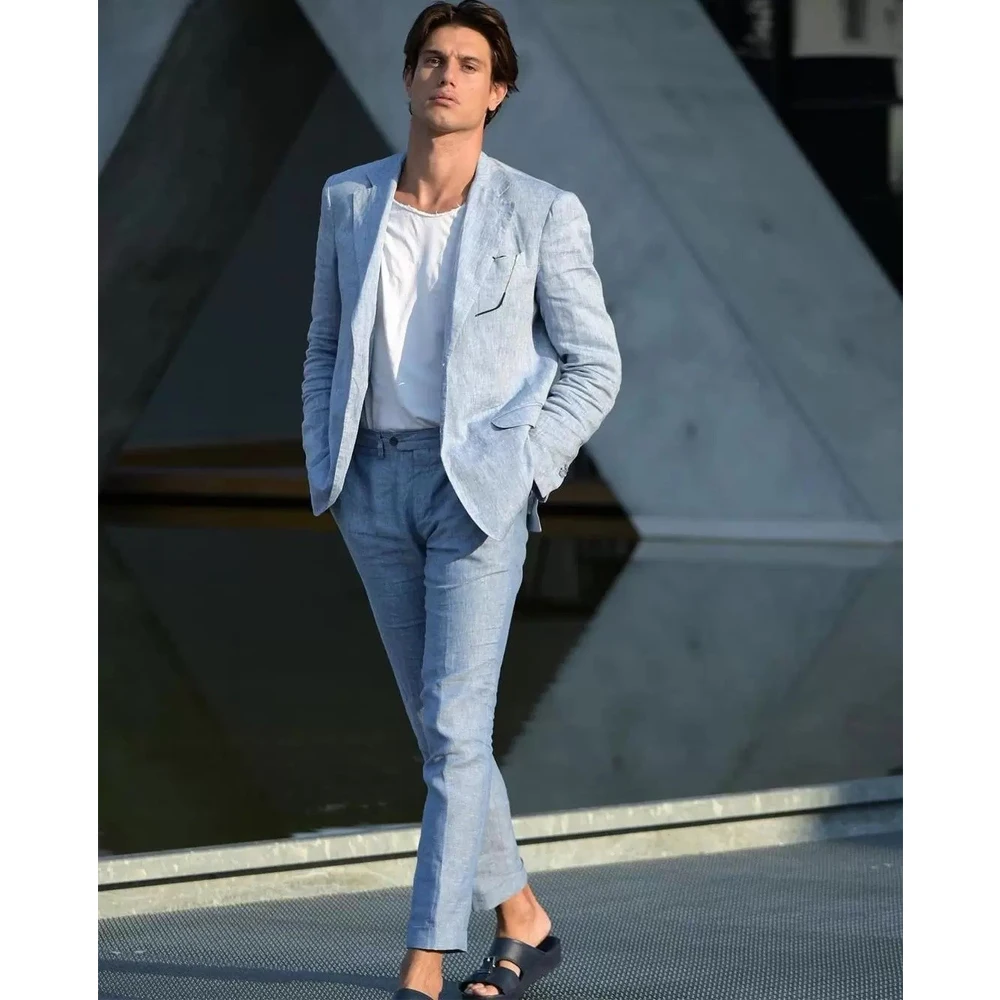 Dusty Blue Linen Men Suits Summer 2 Pieces Outdoor Travel Beach Men ...