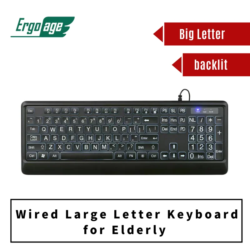 Ergoage Wired Large Letter Print 104 keys Silent Backlit Keyboard with ...