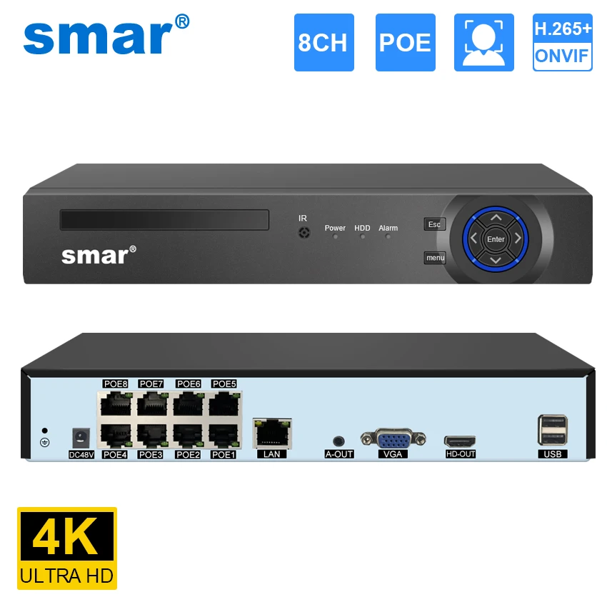 Smar H.265 8CH 4MP 5MP 1080P 4K POE NVR Audio Out Security Surveillance ...