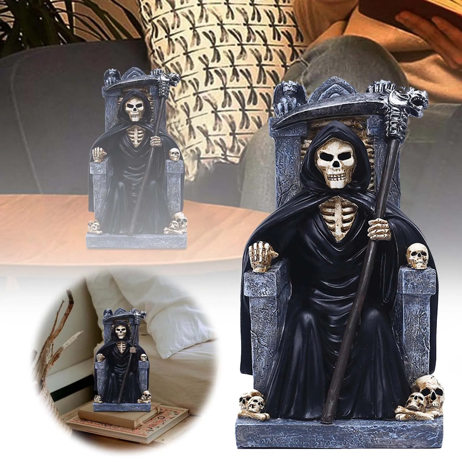 Halloween-Resin-Death-Grim-Reaper-Statue-Sitting-On-Skeleton-Throne ...