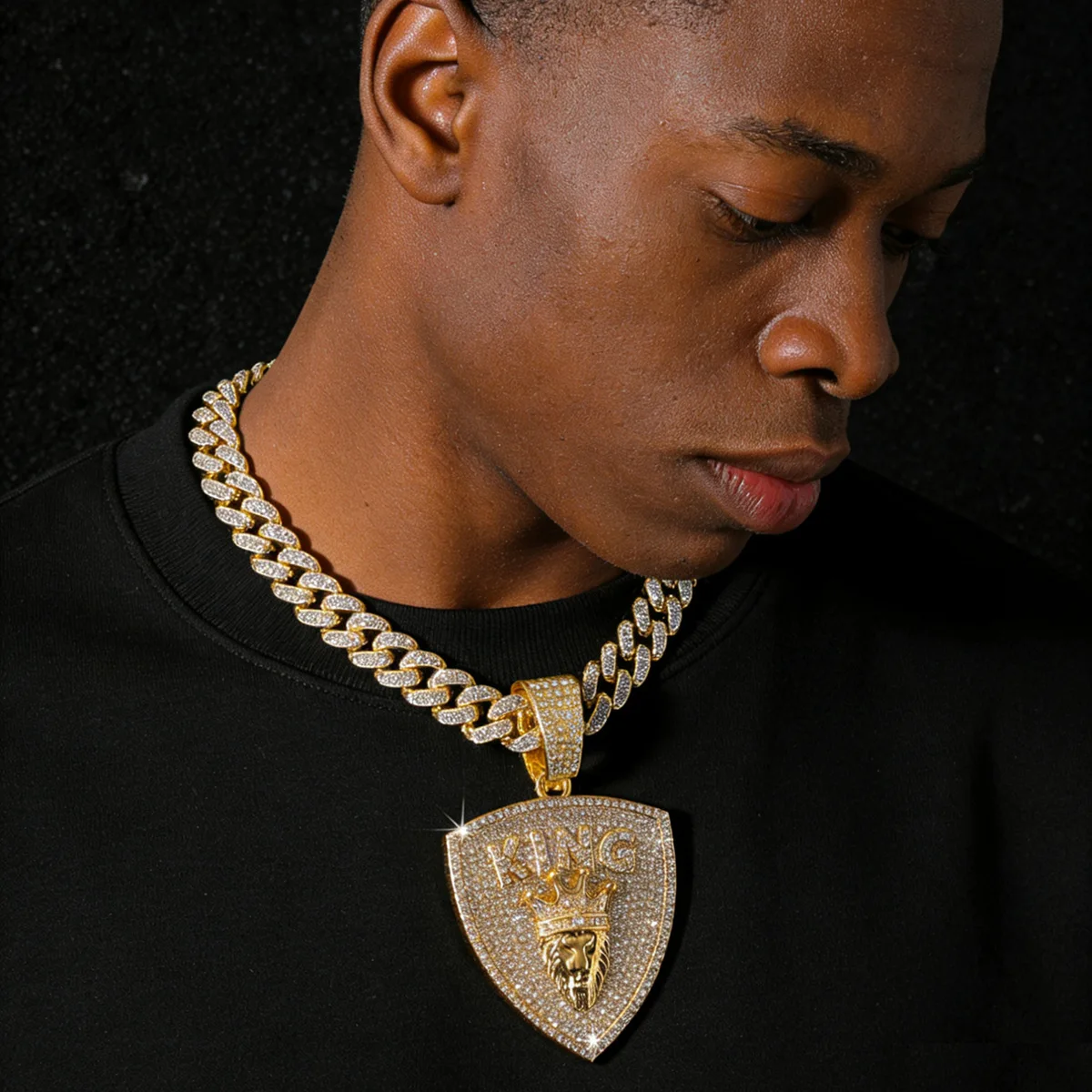 Men's Hip Hop Style Full Diamond Chain Necklace Crown Lion Head KING ...