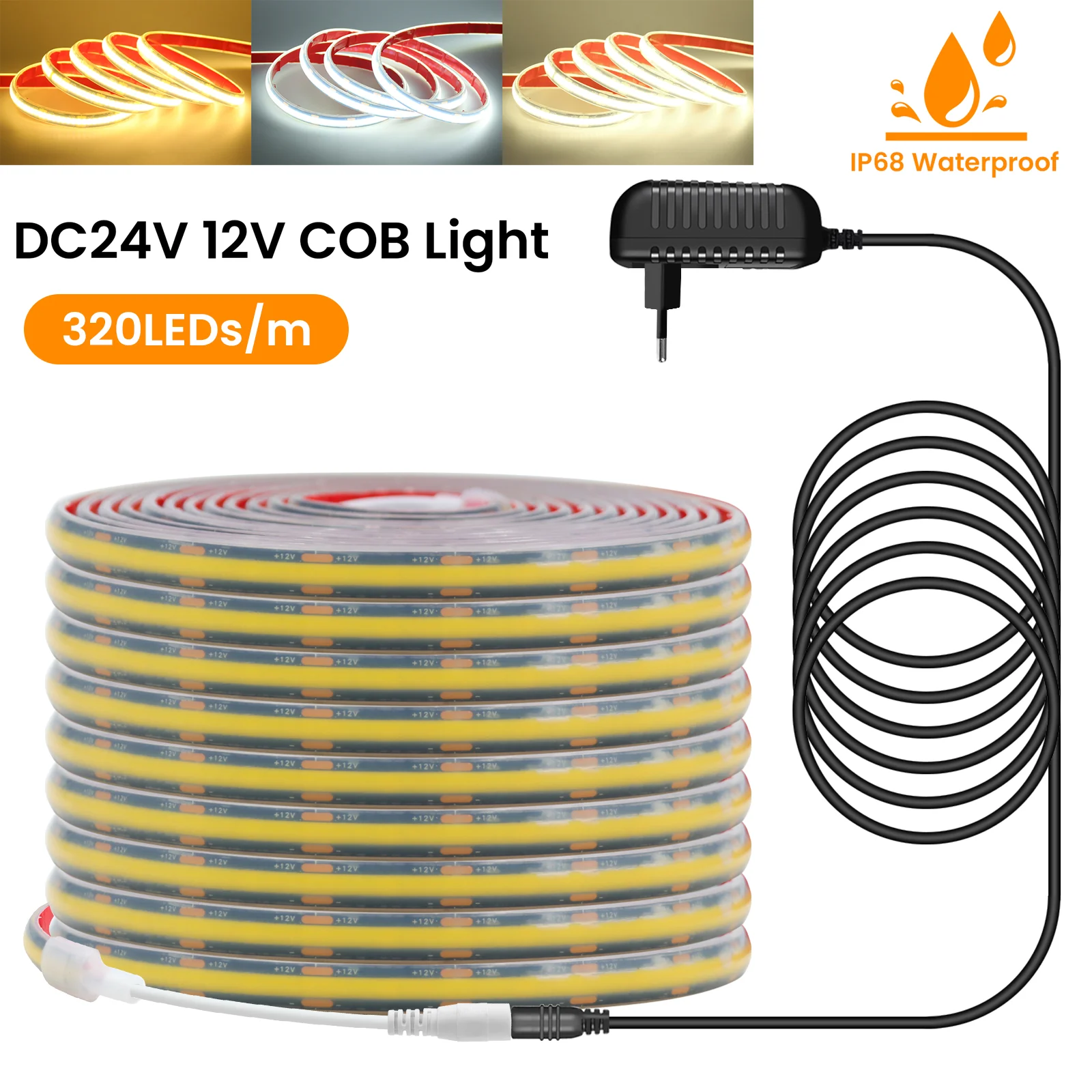 12V 24V COB LED Strip Light 320LEDs/m IP68 Waterproof Flexible Ribbon ...