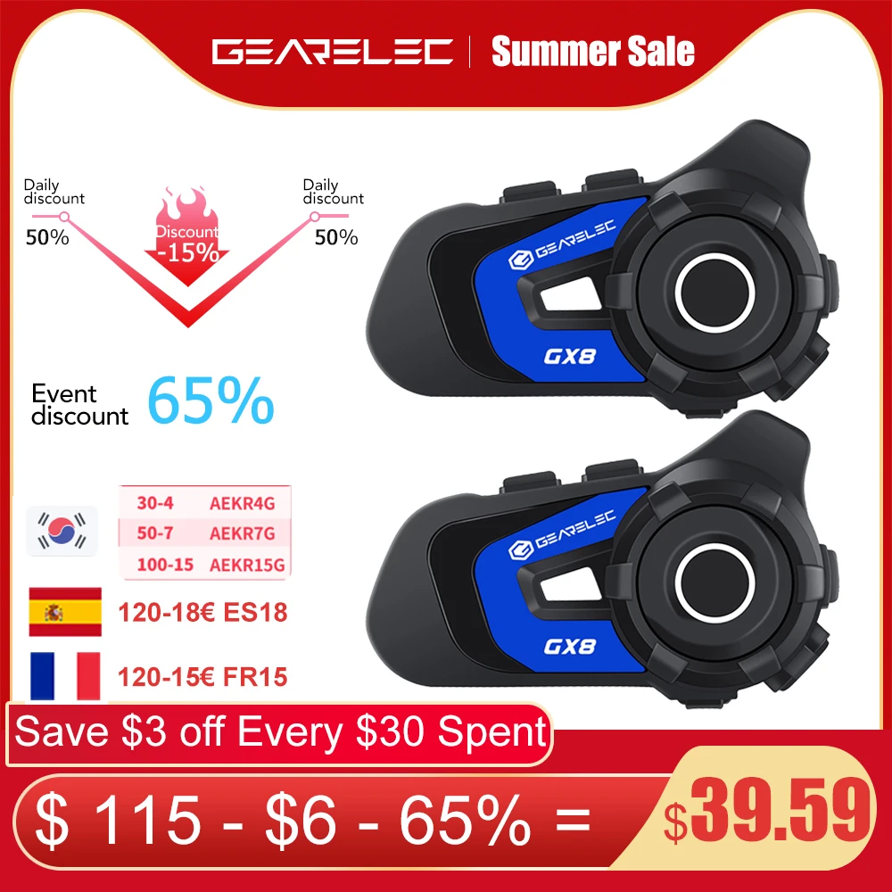 GEARELEC GX8 Motorcycle Intercom Helmet Bluetooth Headset Speaker 8 ...