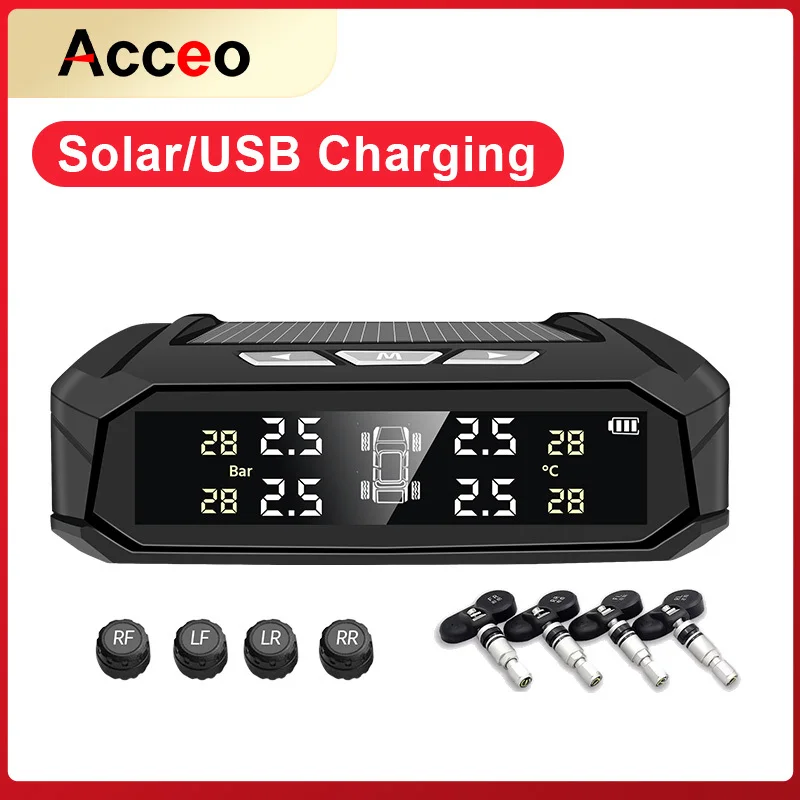 Acceo K10 Solar Power Car TPMS Digital LCD Display Car Security Alarm Tire Pressure Monitoring ...