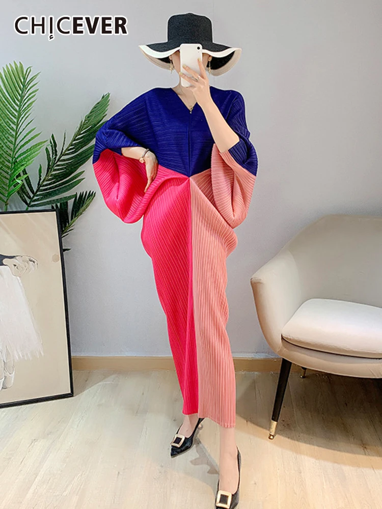 Chiever retalhos colorblock vestido para mulher v pescoço batwing manga ...