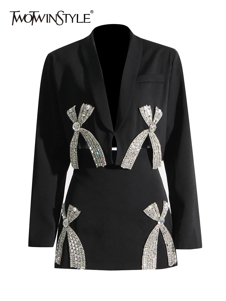 TWOTWINSTYLE-Spliced-Diamond-Two-Piece-Sets-For-Women-Lapel-Long-Sleeve ...