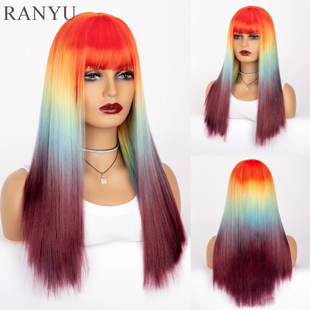 RANYU Ombre Synthetic Wig Rainbow Colorful Gradient Wigs Straight ...