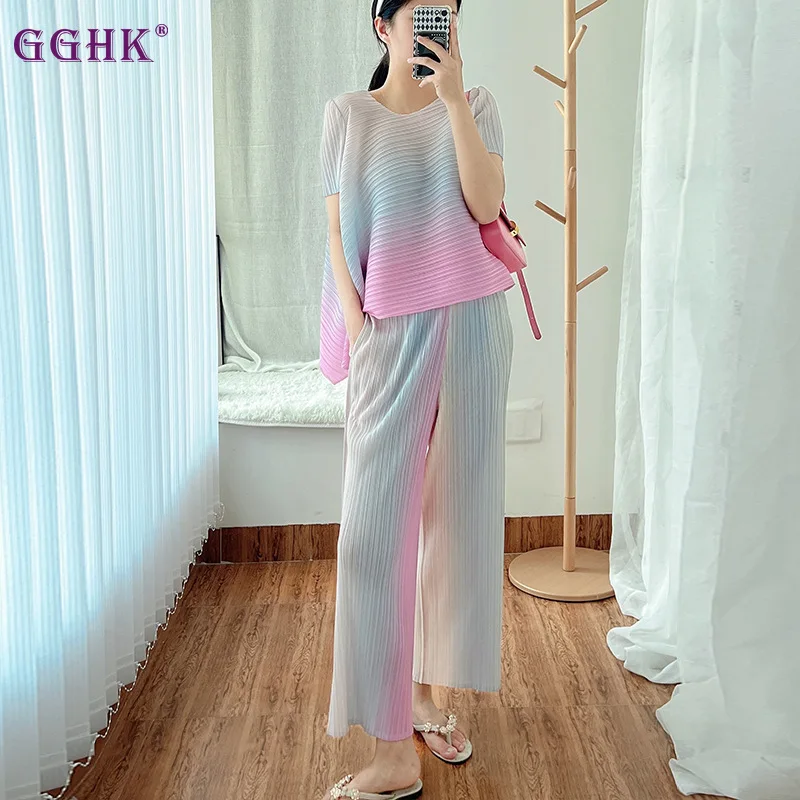 GGHK-Miyake-Pleated-Fashion-Women-2-Piece-Set-Gradient-Color-Irregular ...