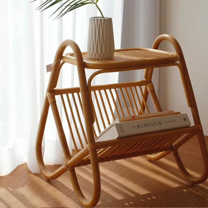 Rattan Storage Small Coffee Table Double-layer Glass Corner Table ...