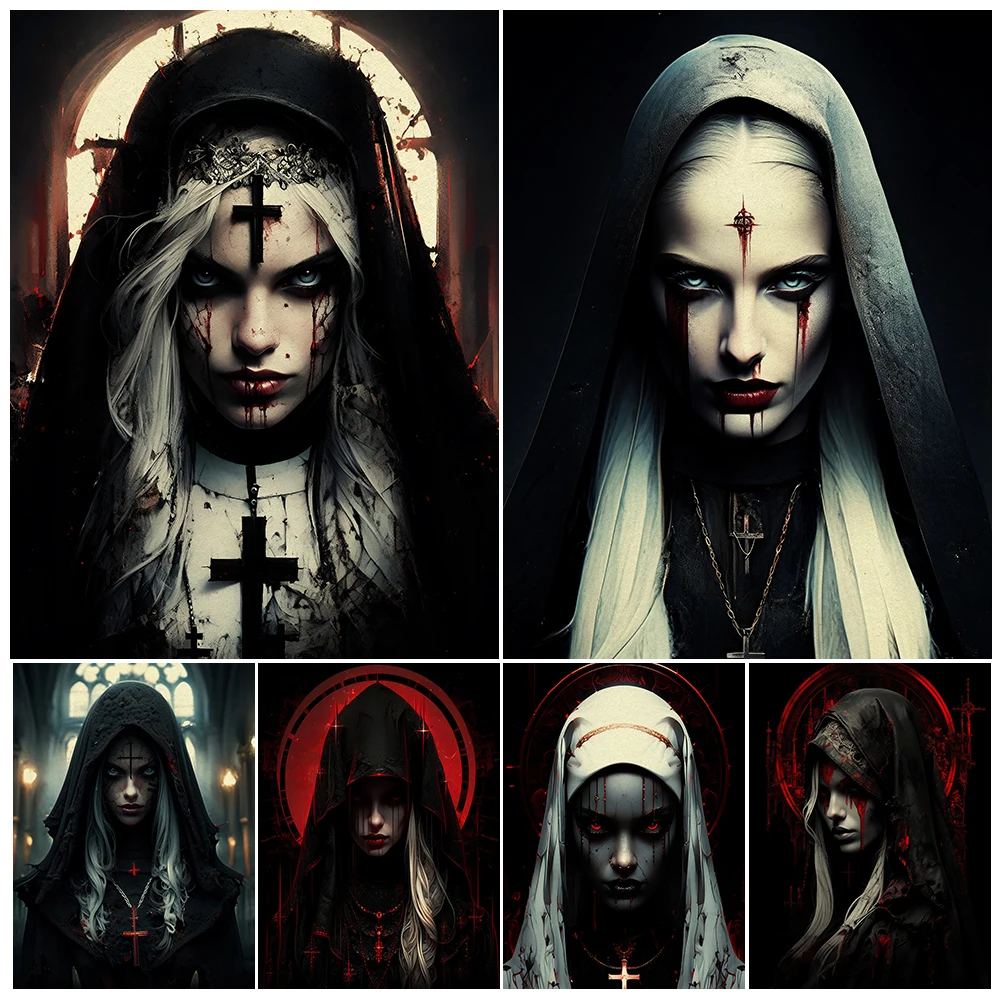 Creepy-Nun-Horror-Gothic-Wall-Art-Terror-AI-Art-Canvas-Painting-Nuns ...