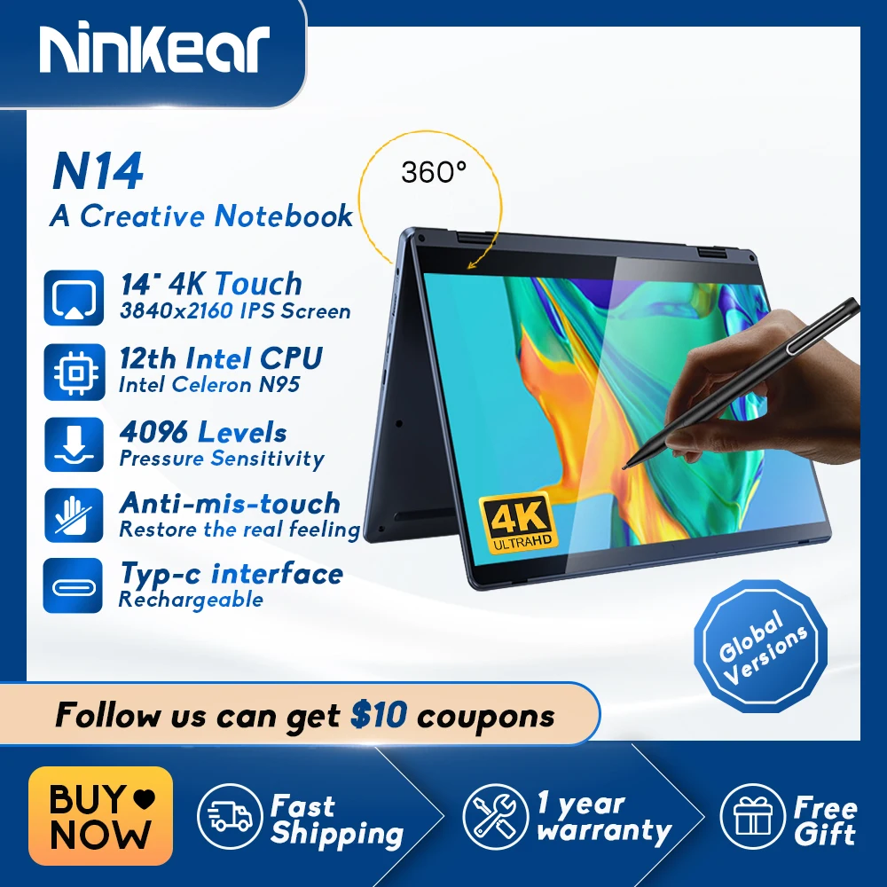 Ninkear Laptop N14, 14" 4K IPS Touch Screen,12th Intel Celeron N95, 12GB DDR5 1TB SSD,Backlit ...