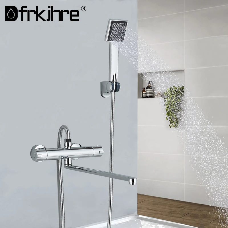 Chrome-Thermostatic-Bathtub-Faucet-Wall-Mount-Rotate-Long-Spout-Shower ...