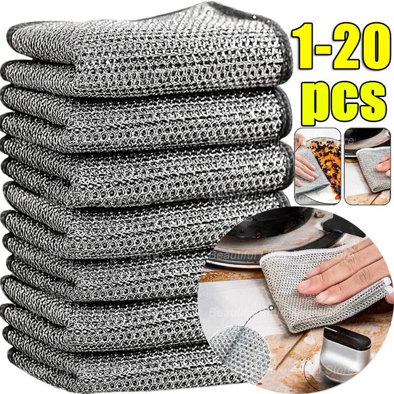 1-20pcs-Thickened-Steel-Wire-Cleaning-Cloth-Non-Scratch-Double-layer ...
