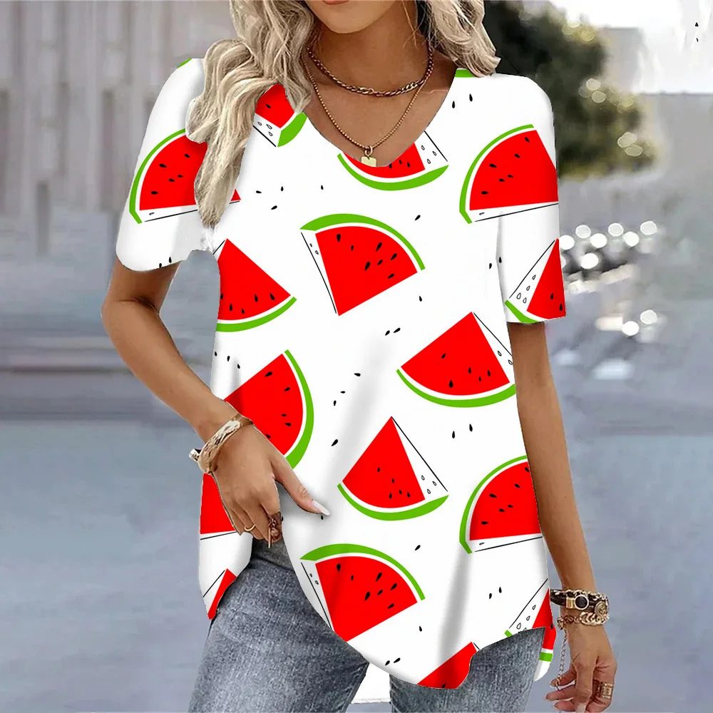 3D Watermelon Printed Women's V-neck Tee Shirts Summer Cool Short ...
