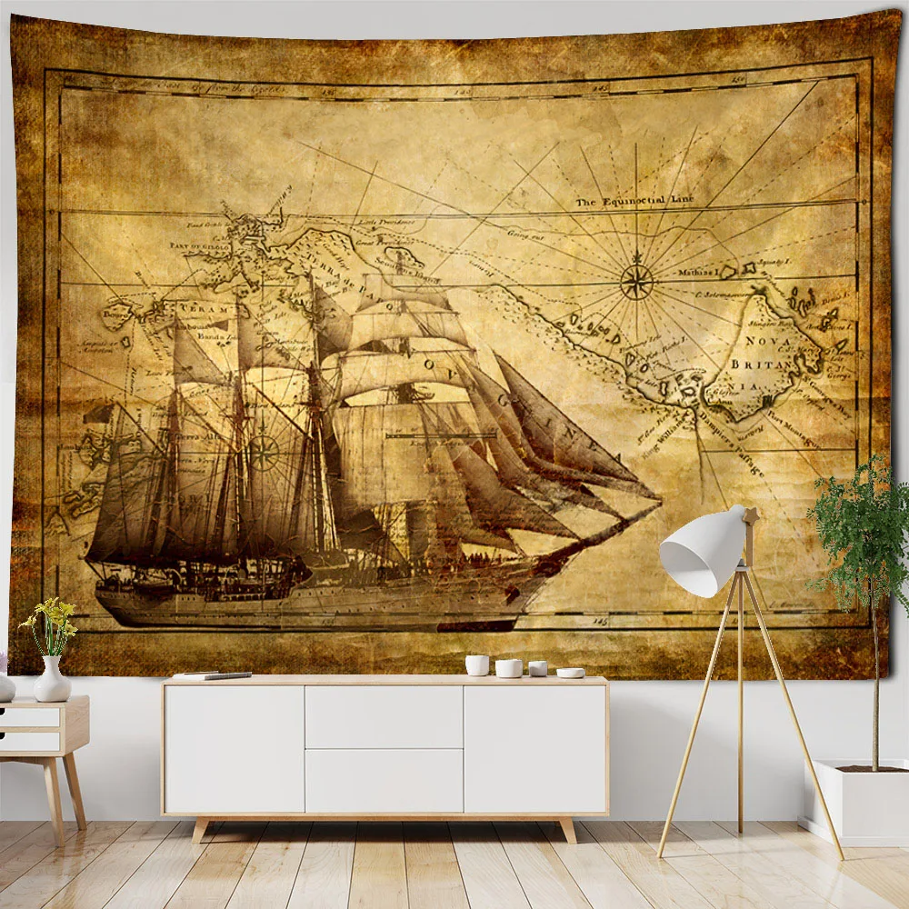 Vintage pirate ship tapestry home decoration wall hanging art ...