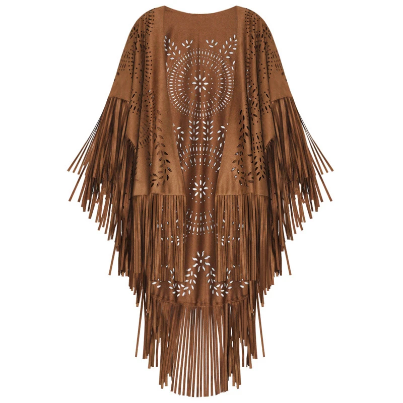 Camel Suede Floral Hollow Out Fringe Tassel Shawl Women Vintage Capes ...
