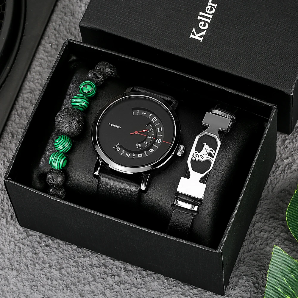 Creative-Gift-Set-for-Men-Black-Quartz-Leather-Men-s-Watch-Adjustable ...