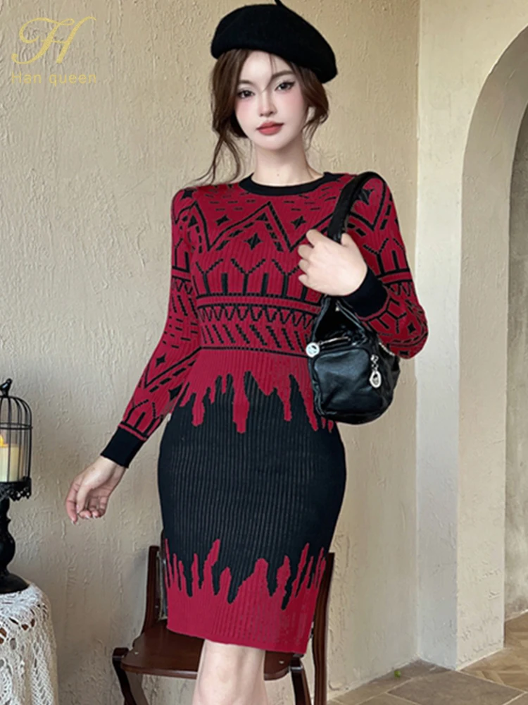 H-Han-Queen-Geometric-Pattern-Knitted-Dress-Autumn-Chic-French-Style ...