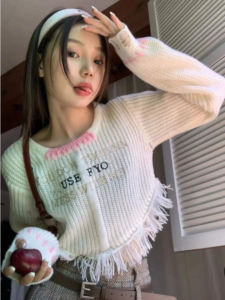 Cropped-Pullovers-for-Women-Letter-Embroidery-Chic-Tassel-Jumper-Pull ...